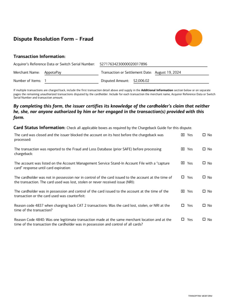 Dispute Resolution Form - Fraud: Transaction Information | PDF