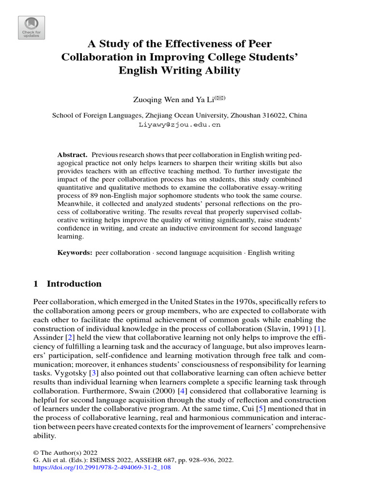 A Study of The Effectiveness of Peer Collaboration in Improving College ...