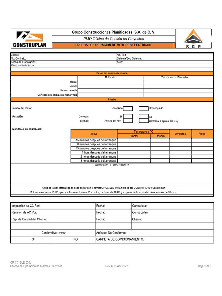 CP-CC-ELE-030 - Prueba de Operación de Motores Eléctrico - Rev.A - 25.abr.2022 | PDF