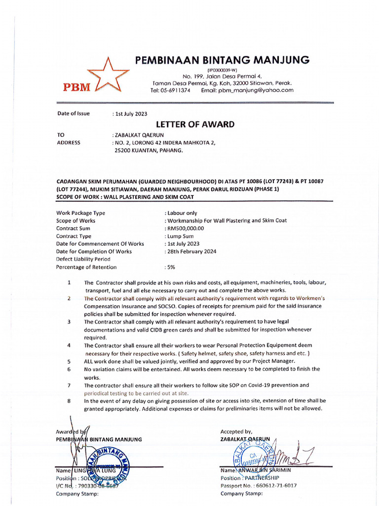 LETTER OF AWARD | PDF