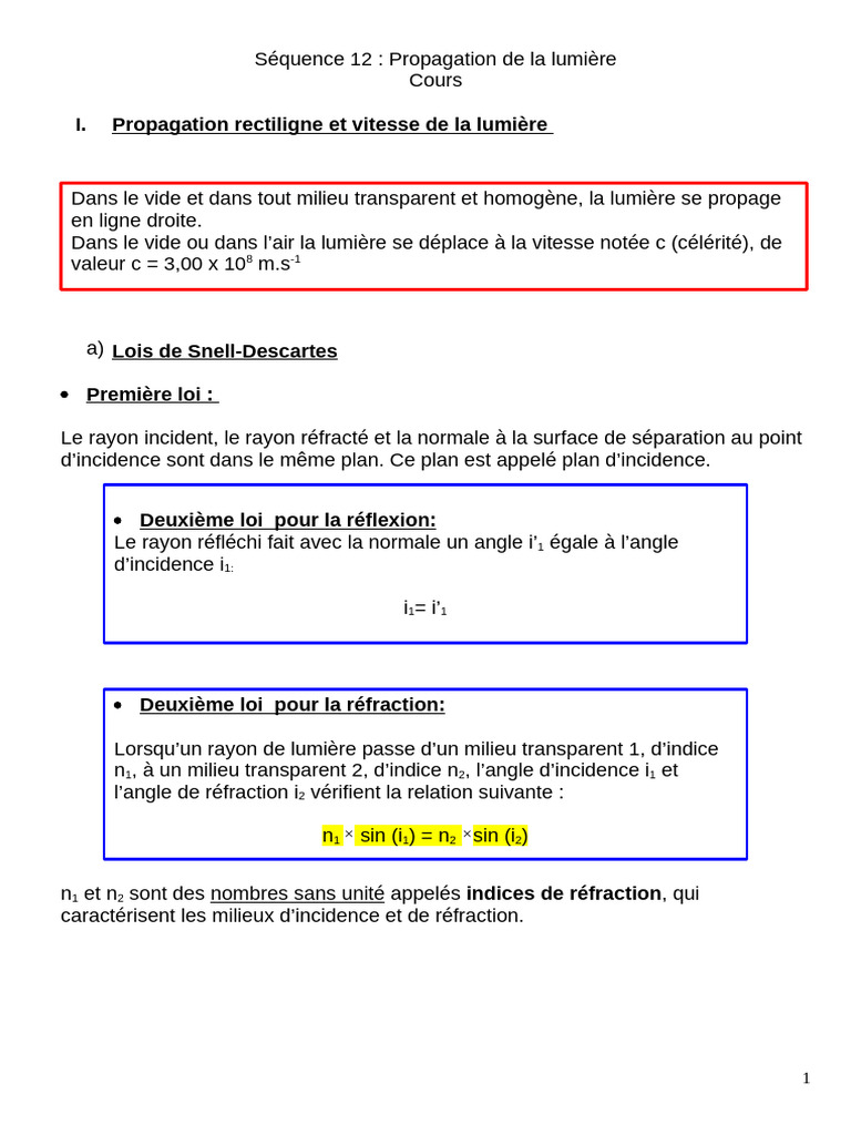Séquence 12 cours la propagation de la lumière seconde | PDF