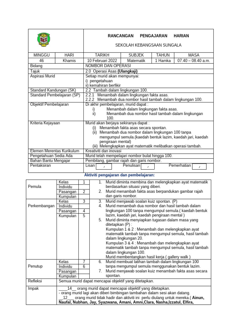 2.2.1 & 2.2.2 RPH MATEMATIK 10 Feb 2022 Tambah Fakta Asas & Dengan ...