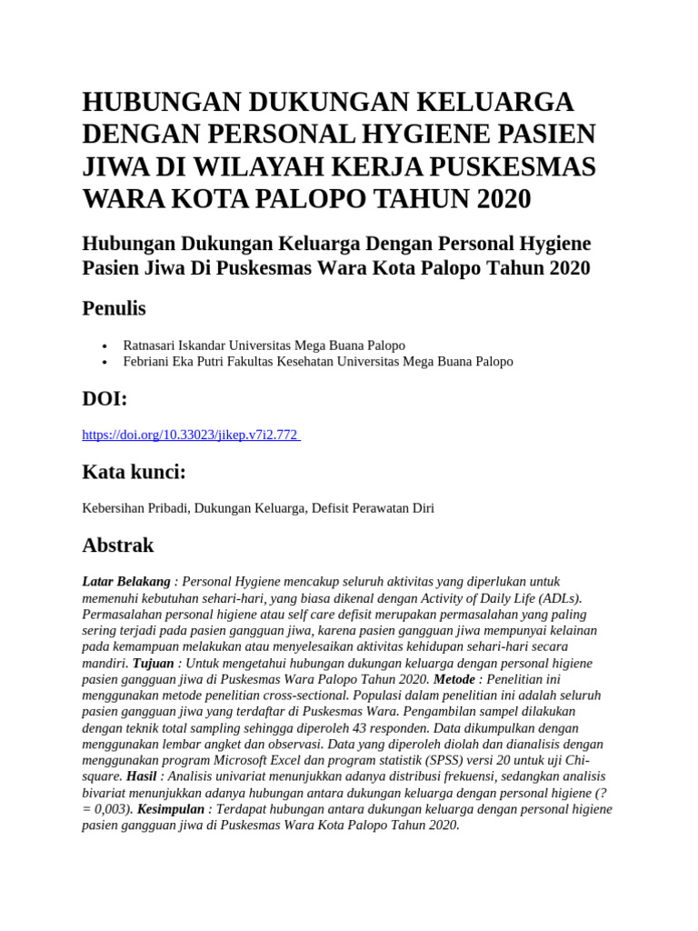 HUBUNGAN DUKUNGAN KELUARGA DENGAN PERSONAL HYGIENE PASIEN JIWA DI WILAYAH KERJA PUSKESMAS WARA ...