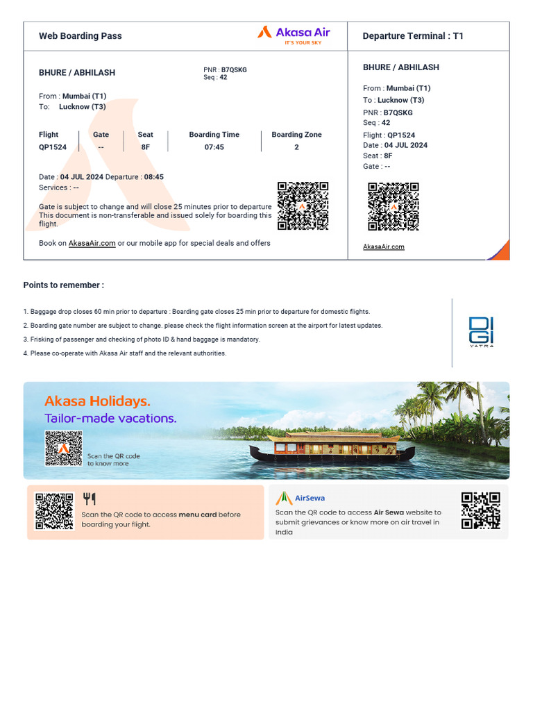 Akasa Air E-boarding Pass - B7QSKG - ABHILASH | PDF