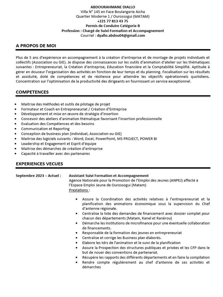 Curriculum Vitaé Chargé de Suivi Formation Et Accompagnement | PDF