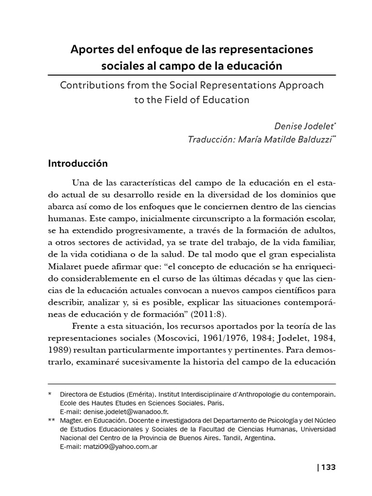 2018-Jodelet Aportes Al Campo de La Educacion | PDF | Escuelas ...