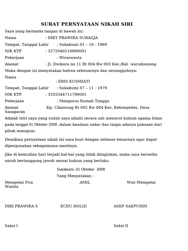 Surat Pernyataan Nikah Siri | PDF