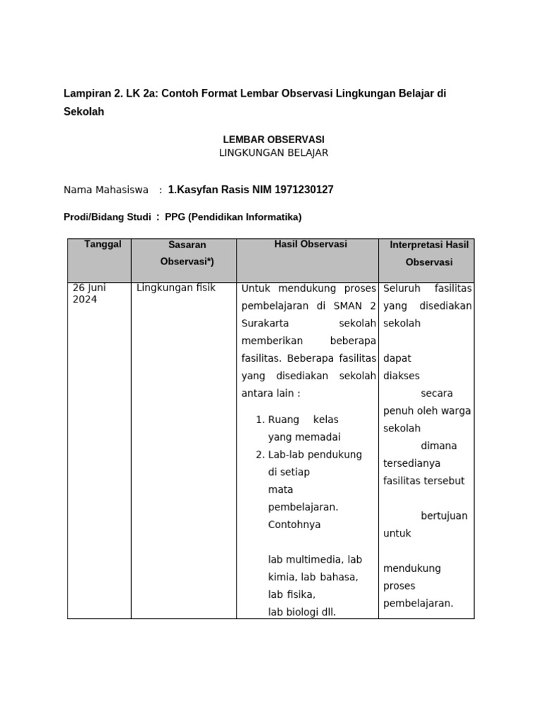 01 05 6 B2 3 Unggah LK 2a Lembar Observasi Lingkungan Belajar | PDF