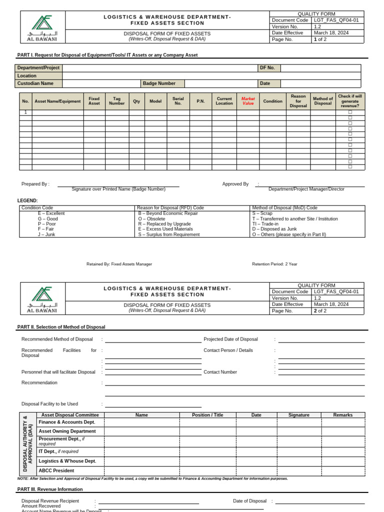 LGT_FAS_QF04-01 Disposal Form of Fixed AssetVer•1.2 | PDF