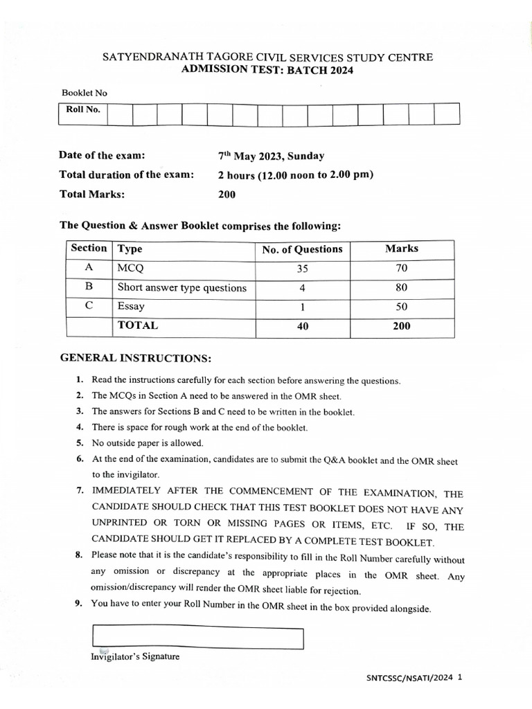 SNTCSSC 2024 Batch Admission Test Question & Answer Key | PDF