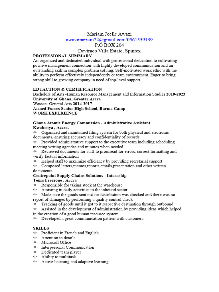 Mariam Joelle Awazi CV | PDF | Business