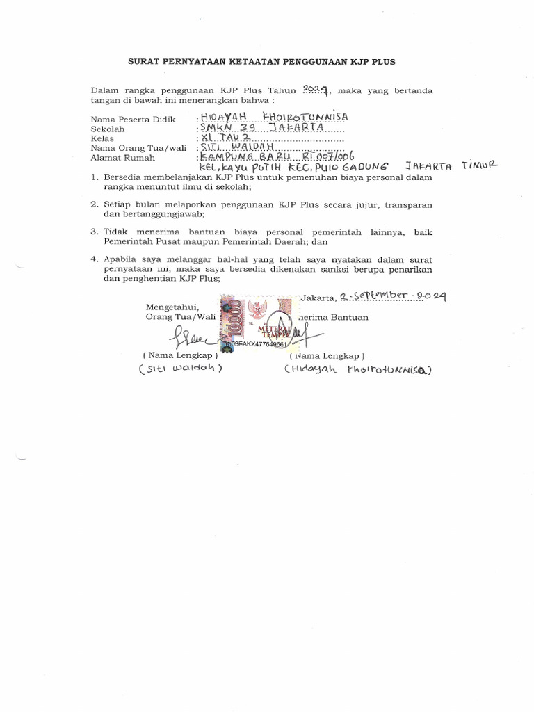 Hidayah Khoirotunisa - XI-TAV 2 - Surat Pernyataan Ketaatan Penggunaan KJP Plus | PDF