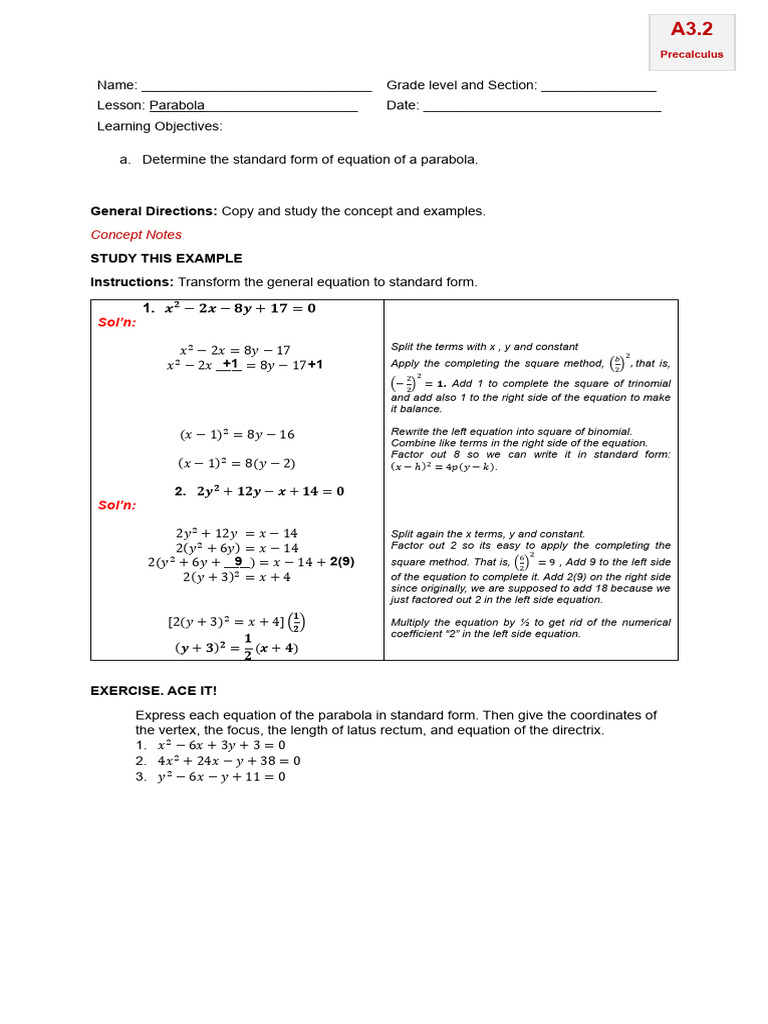 A3.2 Transforming General Equation To Standard Form | PDF