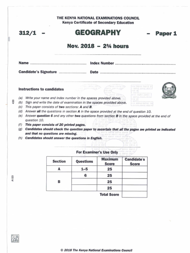 Kcse 2018 Knec Geo P1 | PDF