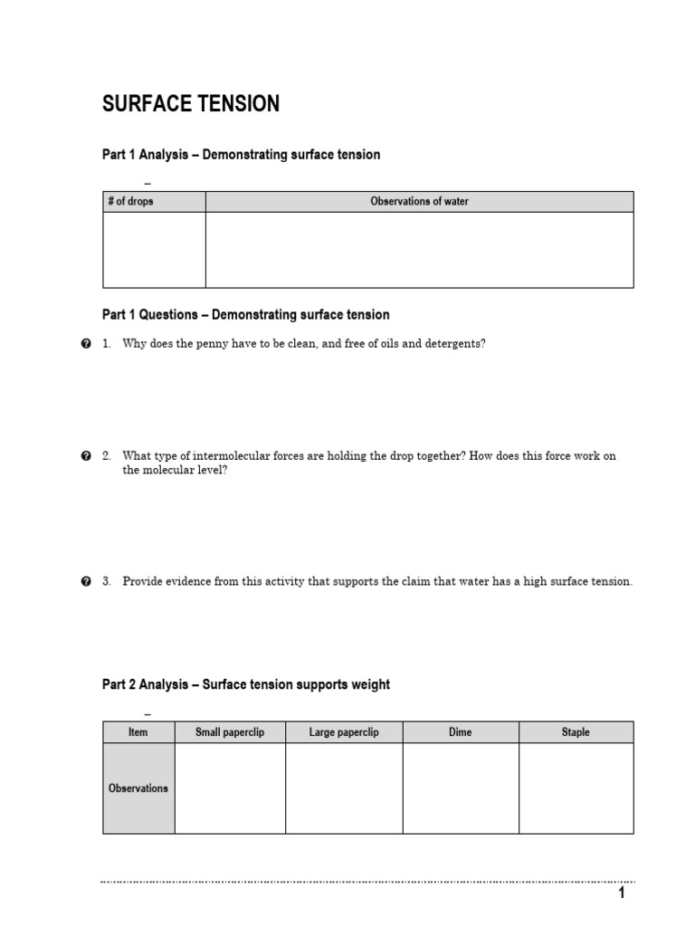 SURFACE TENSION Worksheet | PDF