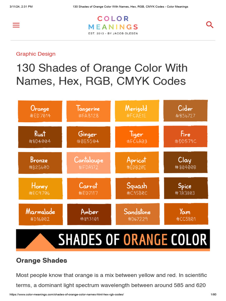 130 Shades of Orange Color With Names, Hex, RGB, CMYK Codes - Color ...