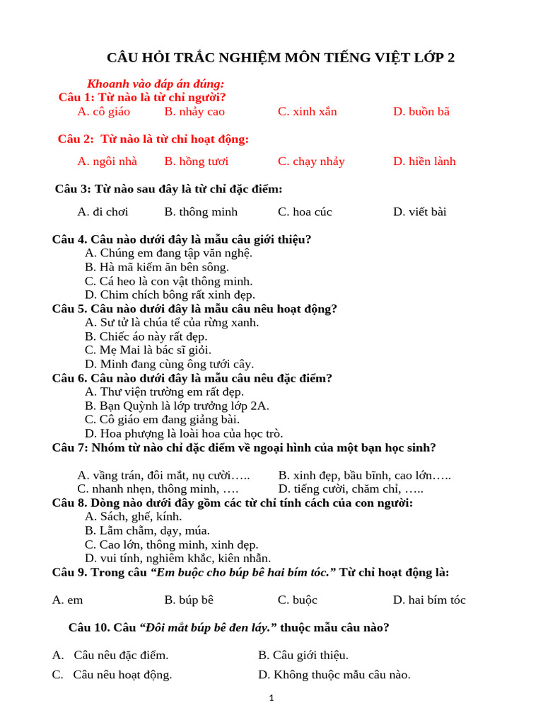 30 Cau Hoi Trac Nghiem Tieng Viet Lop 2 | PDF