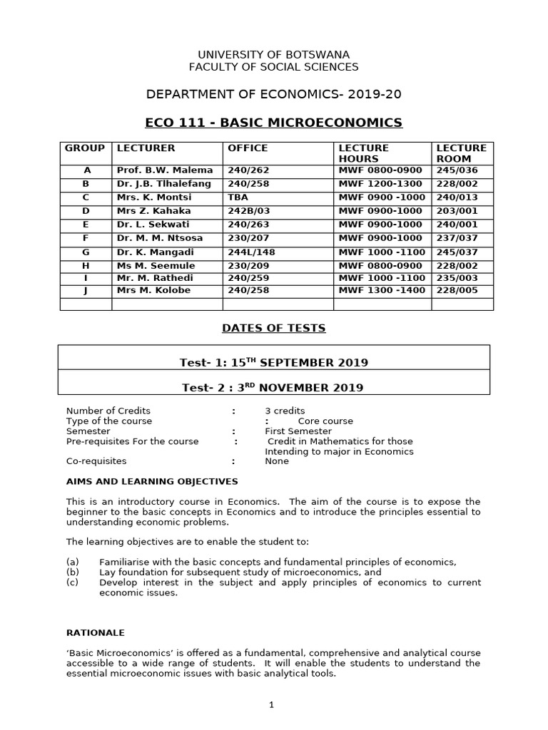 Eco111 Course Outline 2019 - 20 | PDF
