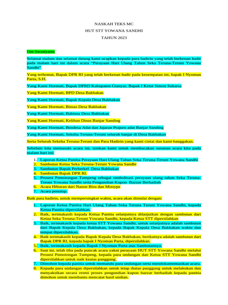 Naskah Teks MC Hut STT Yowana Sandhi 2023 | PDF