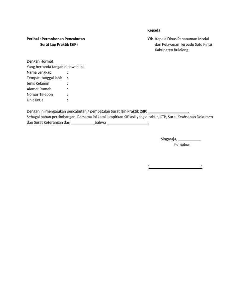 Draft Surat Permohonan Pencabutan SIP | PDF