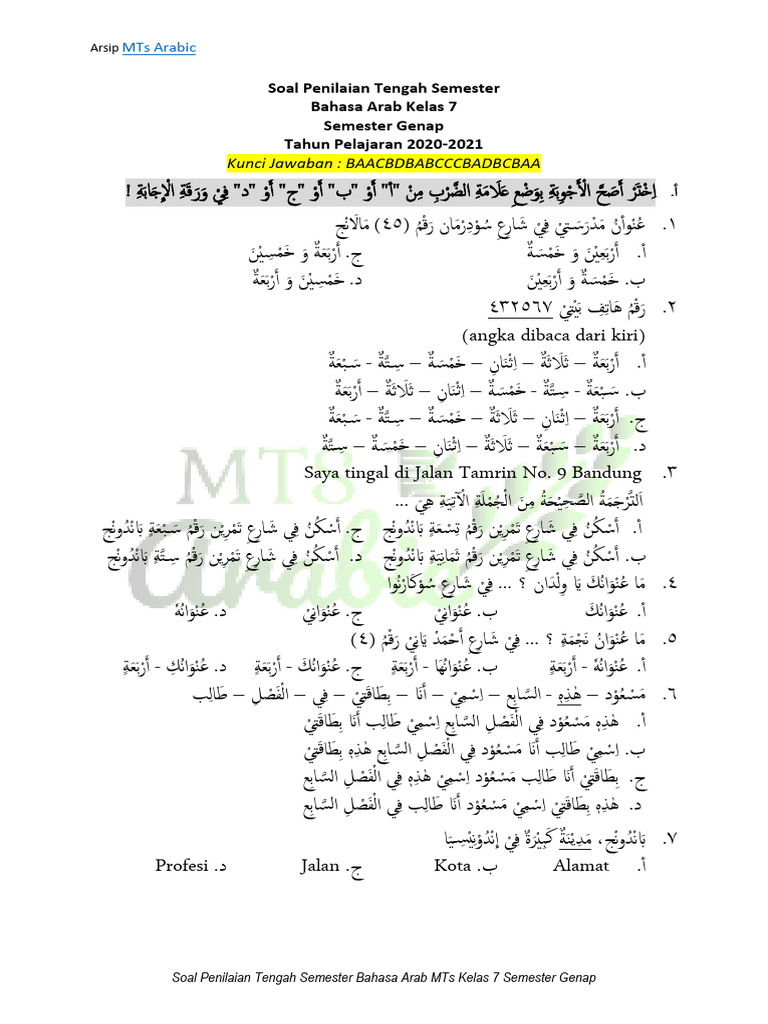 Soal PTS Bahasa Arab Kelas 7 Semester Genap Tahun Pelajaran 2021-2022 (MTs Arabic) | PDF