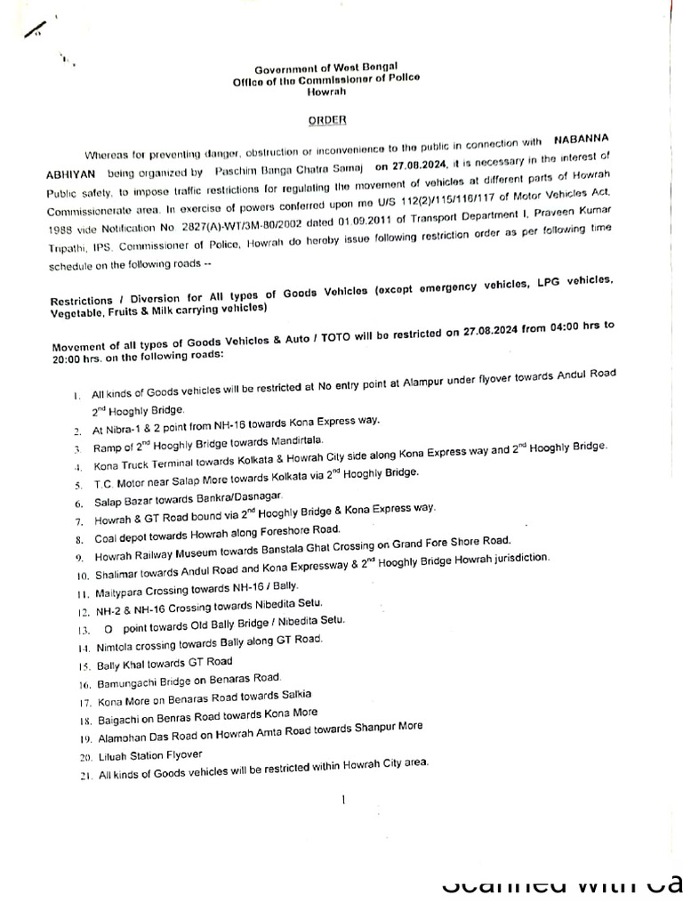 Traffic Notification in C-W Nabanna Abhiyan On 27.08.24. | PDF