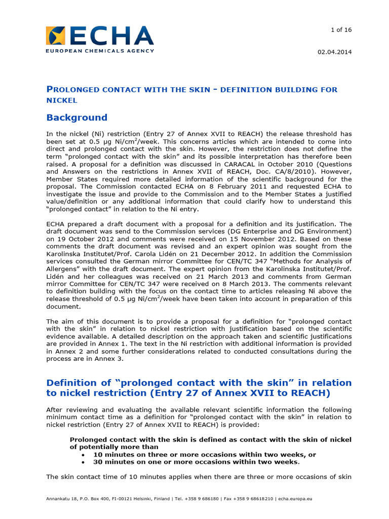 Nickel Restriction Prolonged Contact Skin en | PDF