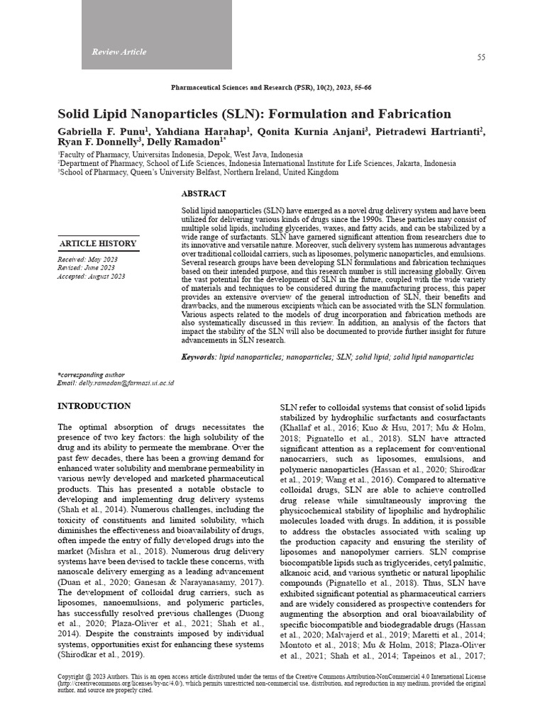 Solid Lipid Nanoparticles (SLN) - Formulation and Fabrication | PDF
