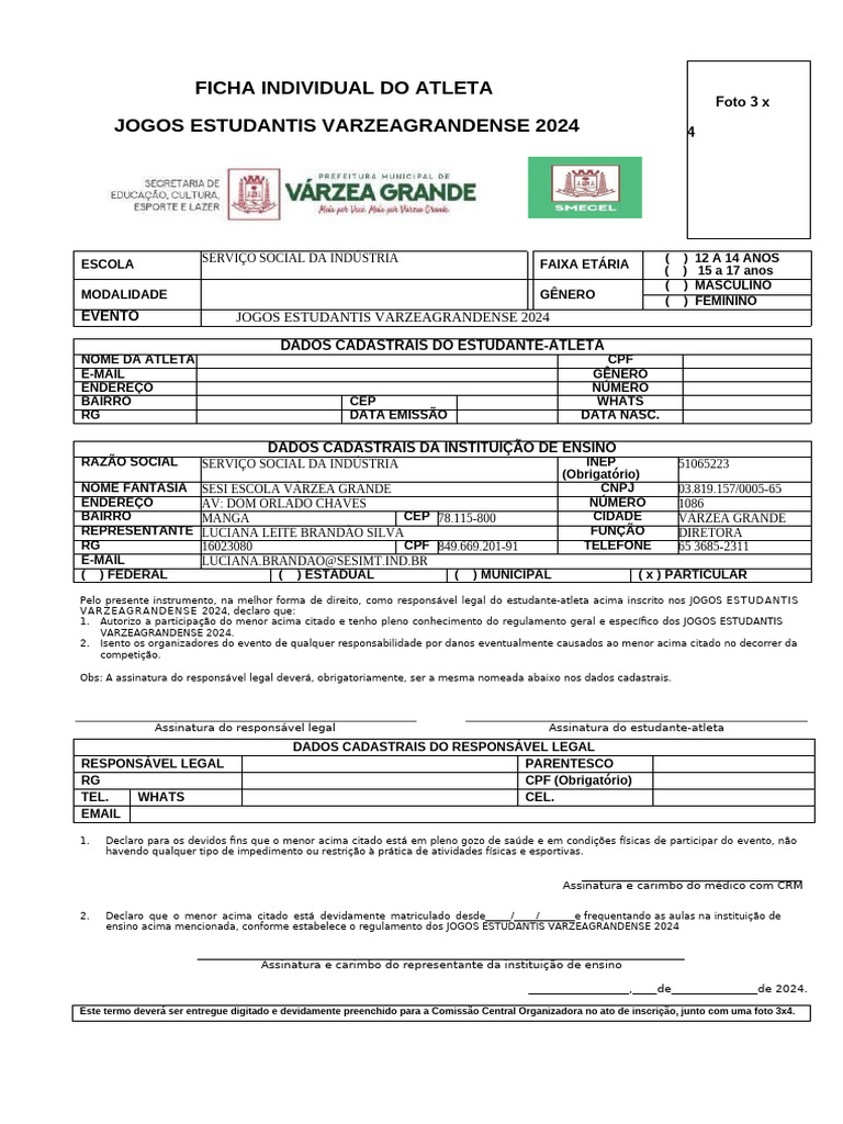 Ficha de Atleta - Jogos Estudantis 2024 | PDF Ficha de Atleta - Jogos Estudantis 2024 | PDF