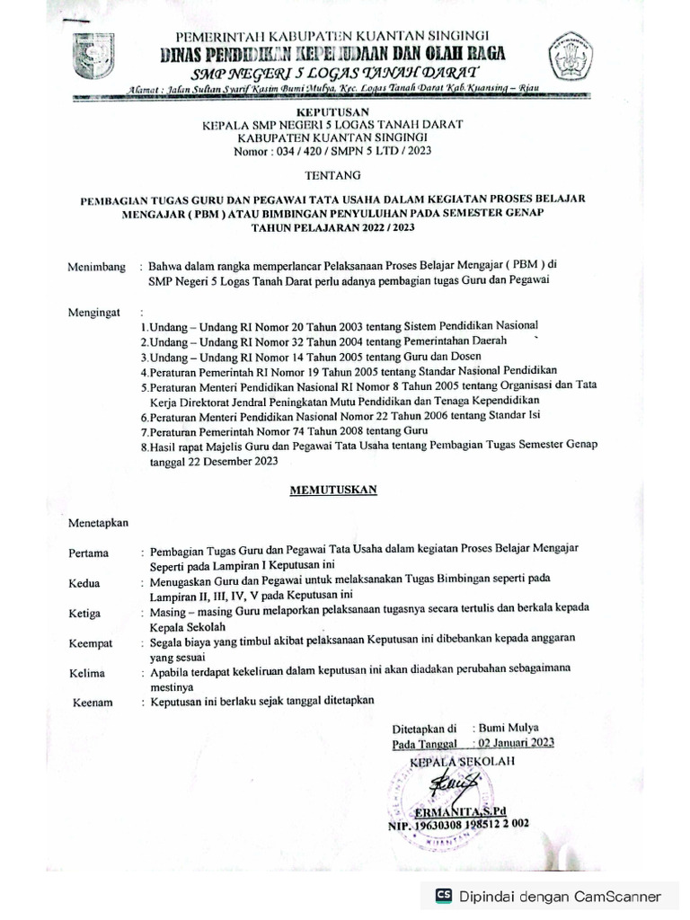 SK Pembagian Tugas Semester Genap 2022-2023 | PDF