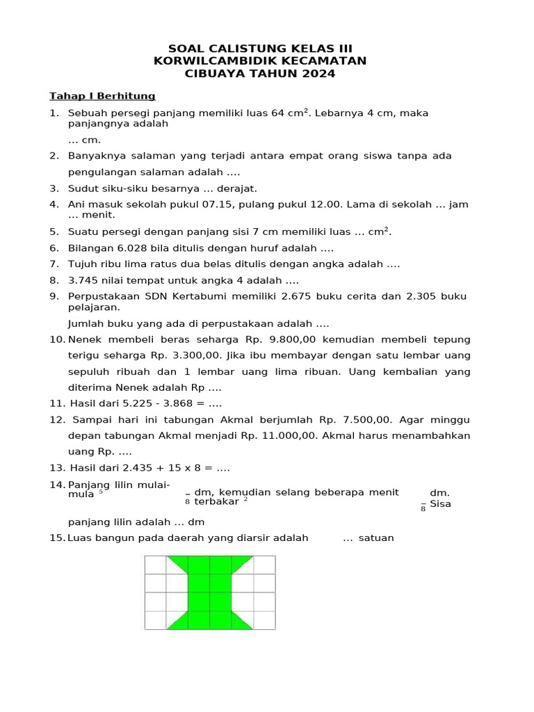 Kumpulan Soal Calistung Kelas III 2024 | PDF