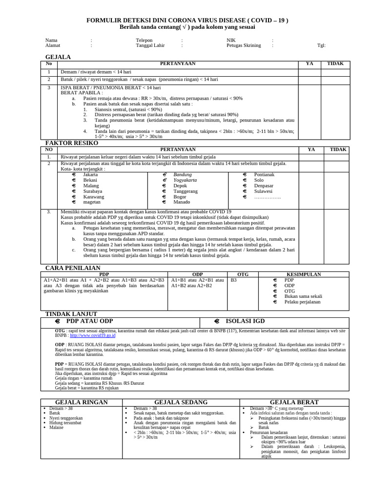 FORM Skrining COVID 19 (Lama) | PDF