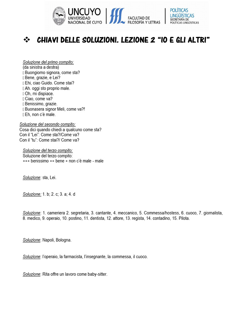 Chiavi Delle Soluzioni Lezione 2. Io e Gli Altri | PDF
