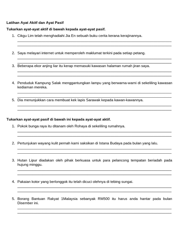 Latihan Ayat Aktif Dan Ayat Pasif | PDF