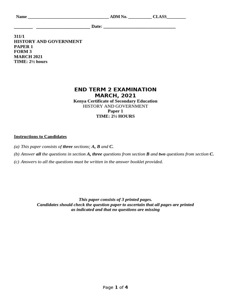 HISTORY F3 PP1 Teacher - Co - .Ke End Term 2 | PDF