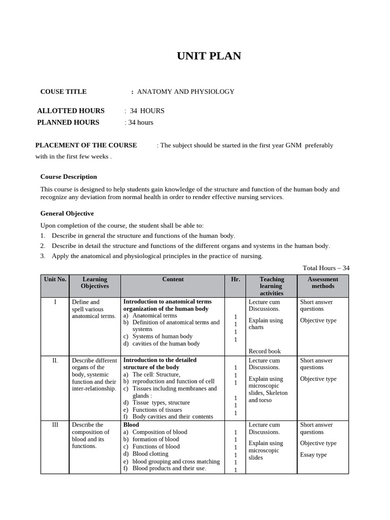Unit Plan Anatomy and Physiology | PDF