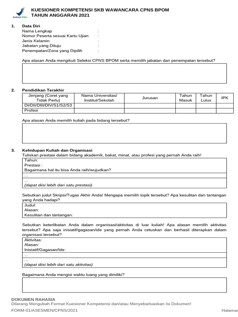 Template Kuesioner Wawancara Bpom | PDF