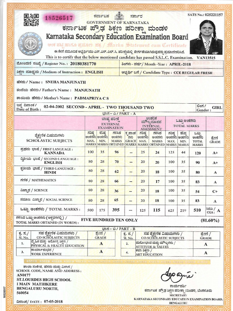10th Marks Card Sneha | PDF