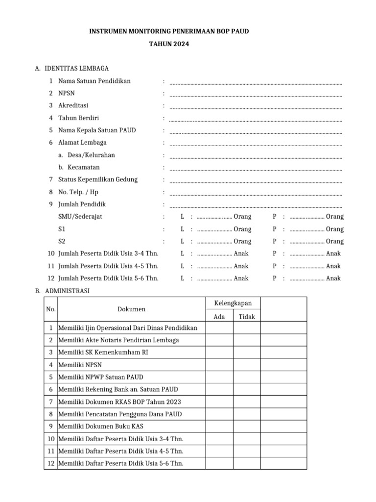 Instrumen Monev BOP 2024 | PDF