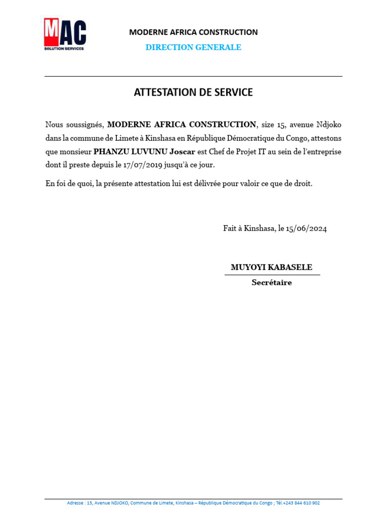 ATTESTATION DE SERVICE | PDF