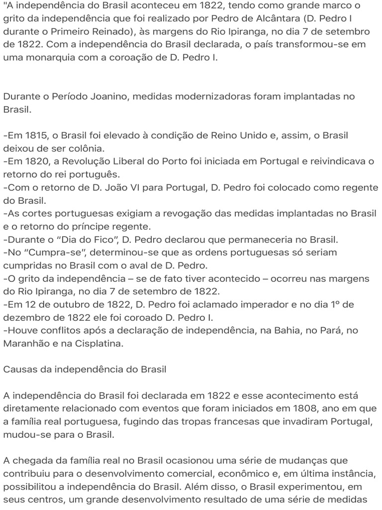 "A Independência Do Brasil Aconteceu em 1822, Tendo Como Grande Marco | PDF