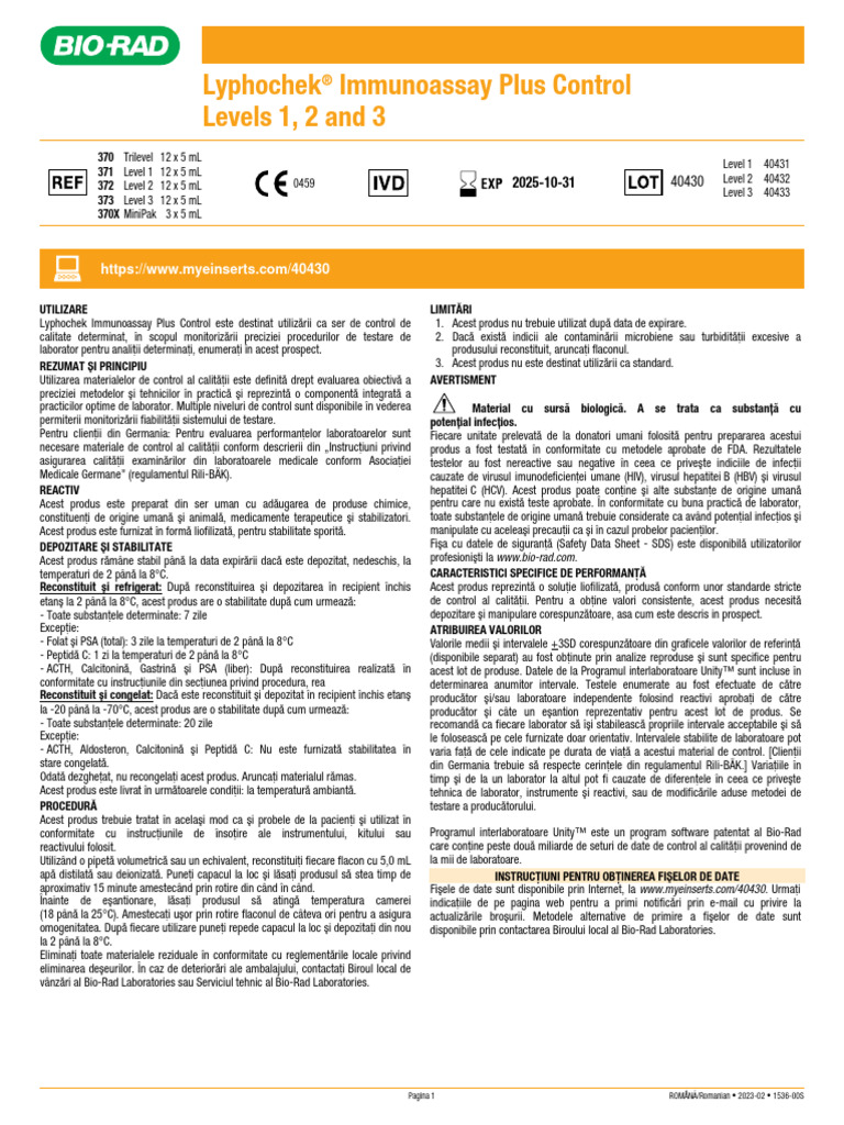 Lyphochek Immunoassay Plus Control Levels 1, 2 and 3: Pagina 1 - 2023 ...