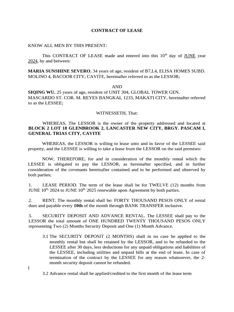 Contract of Lease Revised With Sign of Lessor | PDF