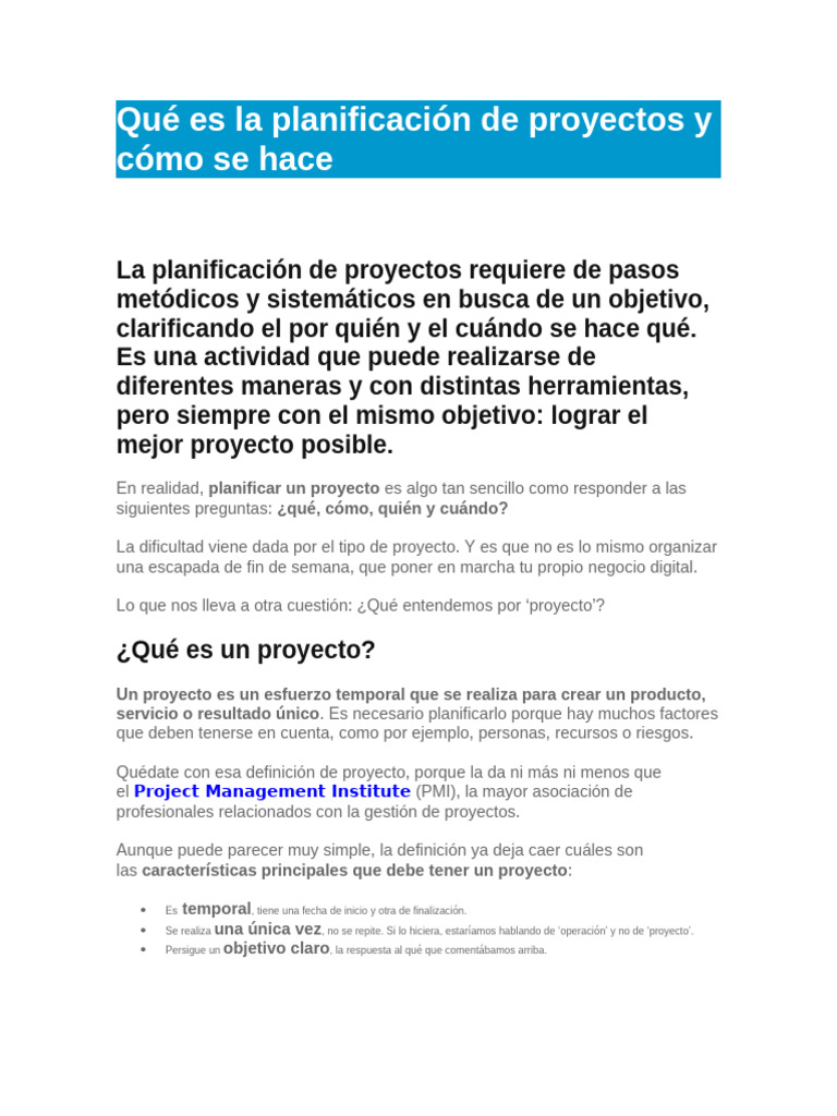 Qué es la planificación de proyectos y cómo se hace | PDF