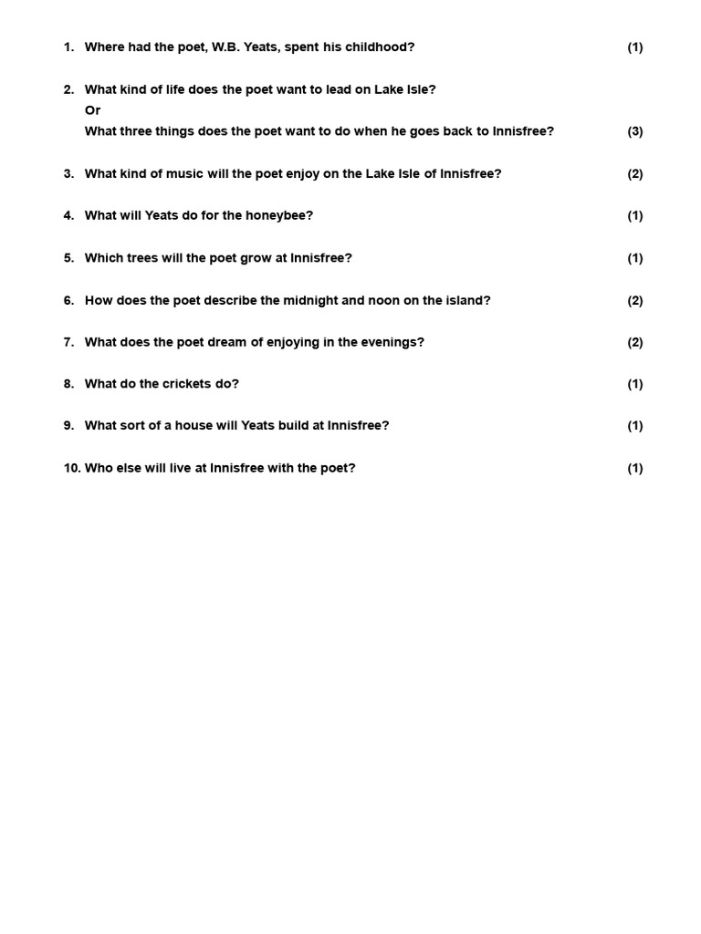 Lake Isle of Innisfree - W - B-Yeats Questions and Answers | PDF | Art