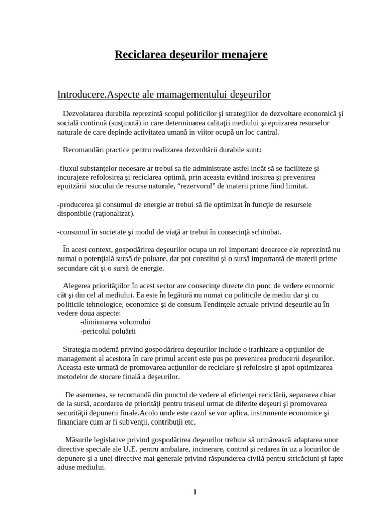 Deseurilor Menajere Urbane Si Reciclarea Lor | PDF