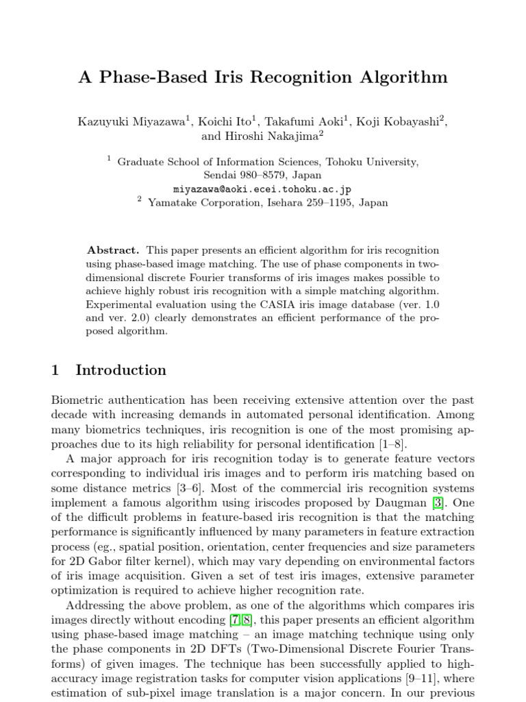 A Phase-Based Iris Recognition Algorithm | PDF | Biometrics | Discrete Fourier Transform