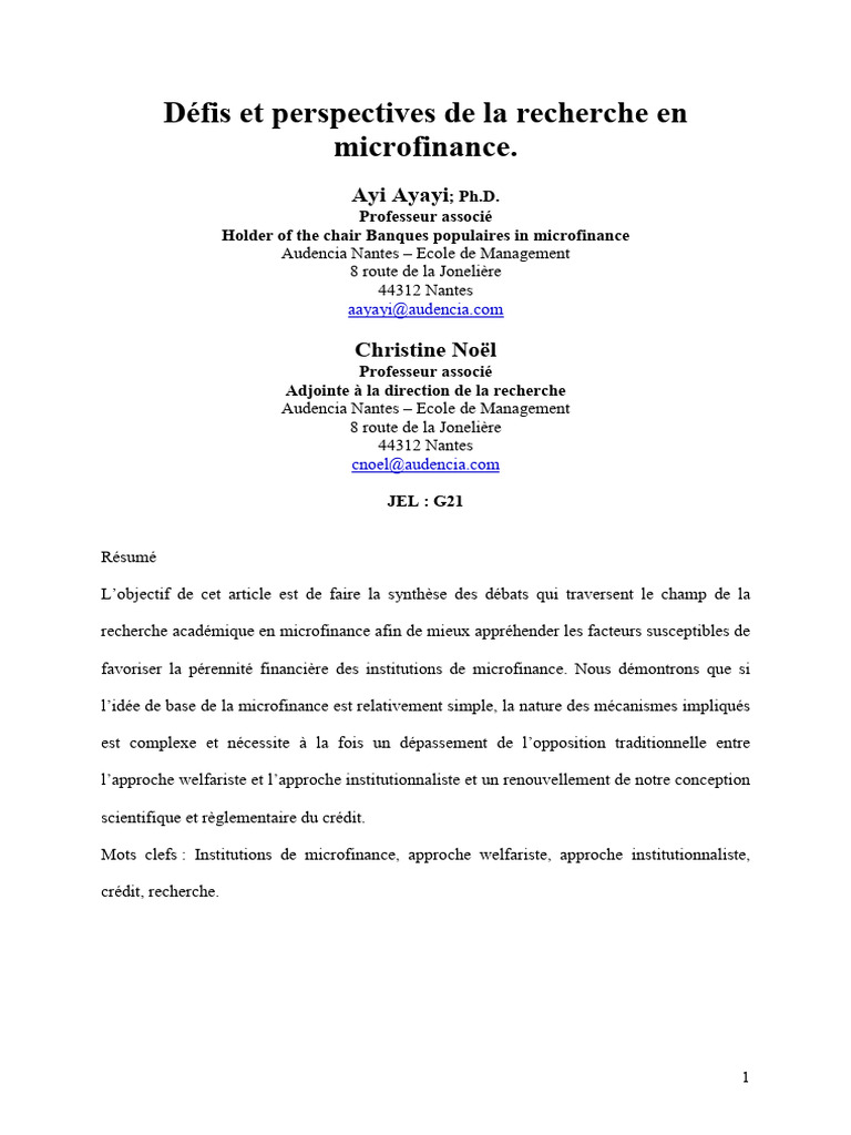 Defis Et Perspectives de La Recherche en Microfinance | PDF