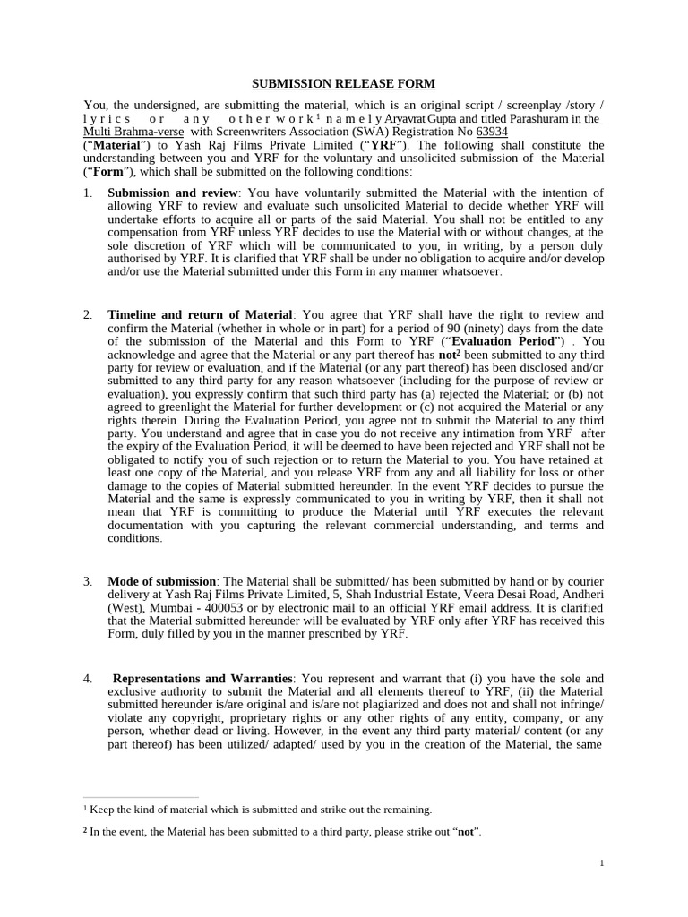 YRF - Submission Release Form | PDF | Indemnity | Common Law