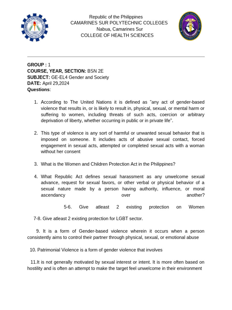 Topic Gender Based Violence BSN 2E Group 1 Questions W Answers 1 | PDF